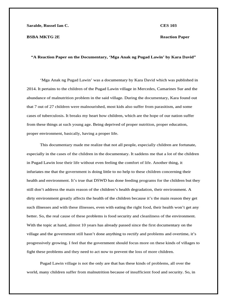 Saralde, Russel Ian (REACTION PAPER) | PDF | Malnutrition | Poverty