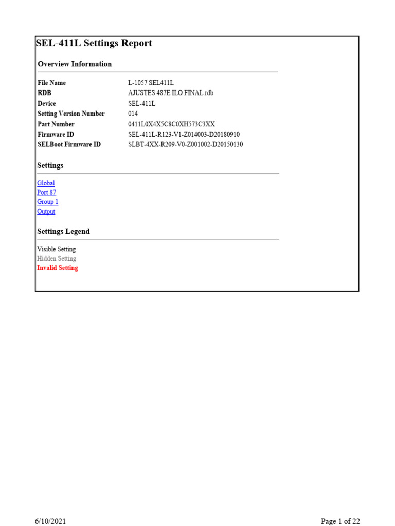 SEL-411L Settings Overview Report | PDF | Electrical Impedance | Sequence