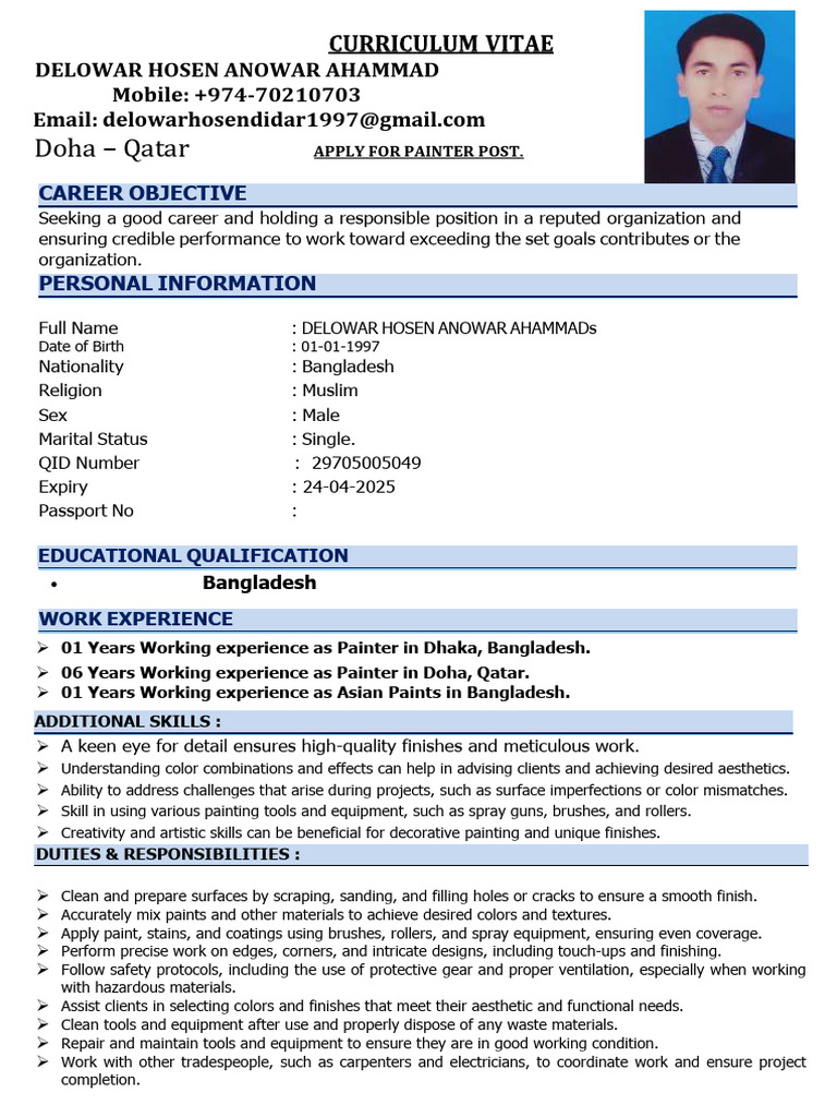 CV of Delowar Hosen Anowar Ahammad Painter | PDF | Paintings | Paint