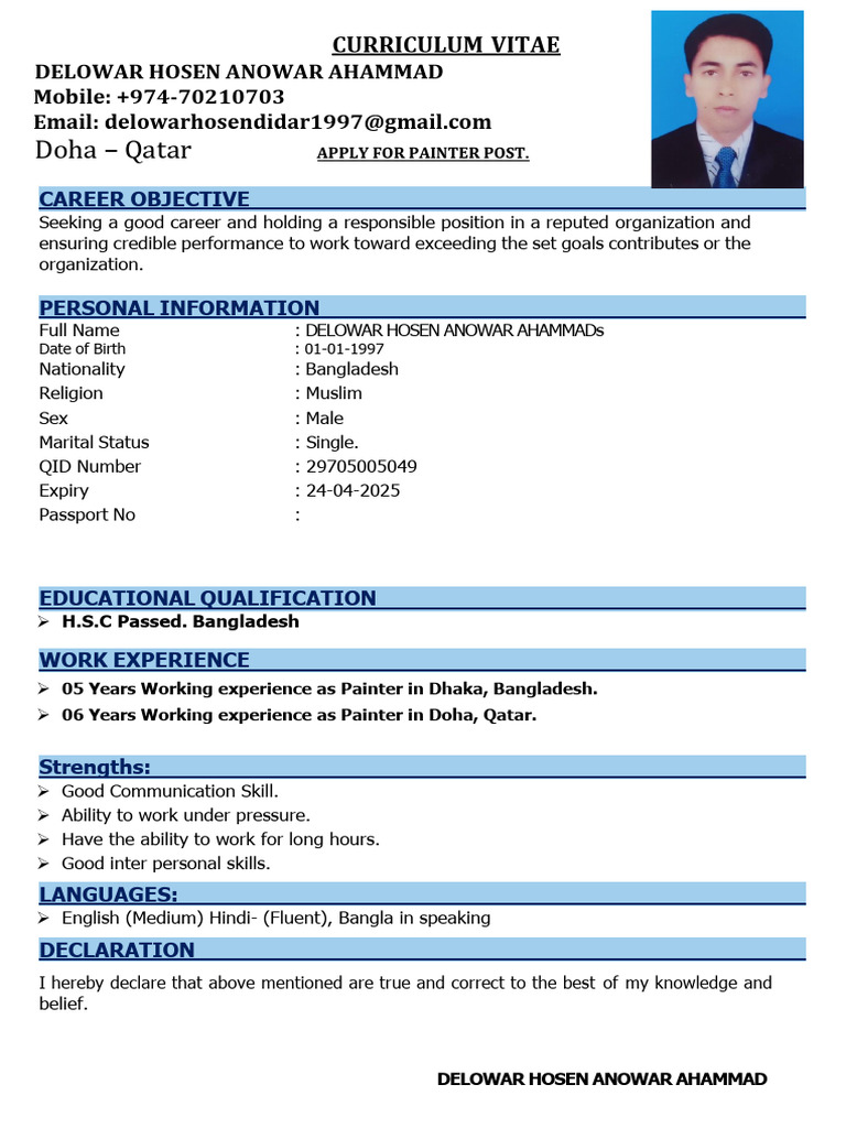 CV of Delowar Hosen Anowar Ahammad | PDF | Career & Growth