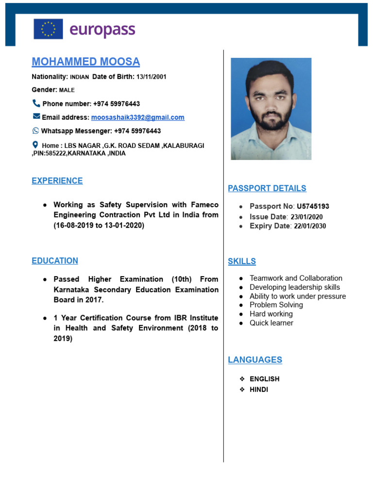 Mohammed Moosa Europass | PDF