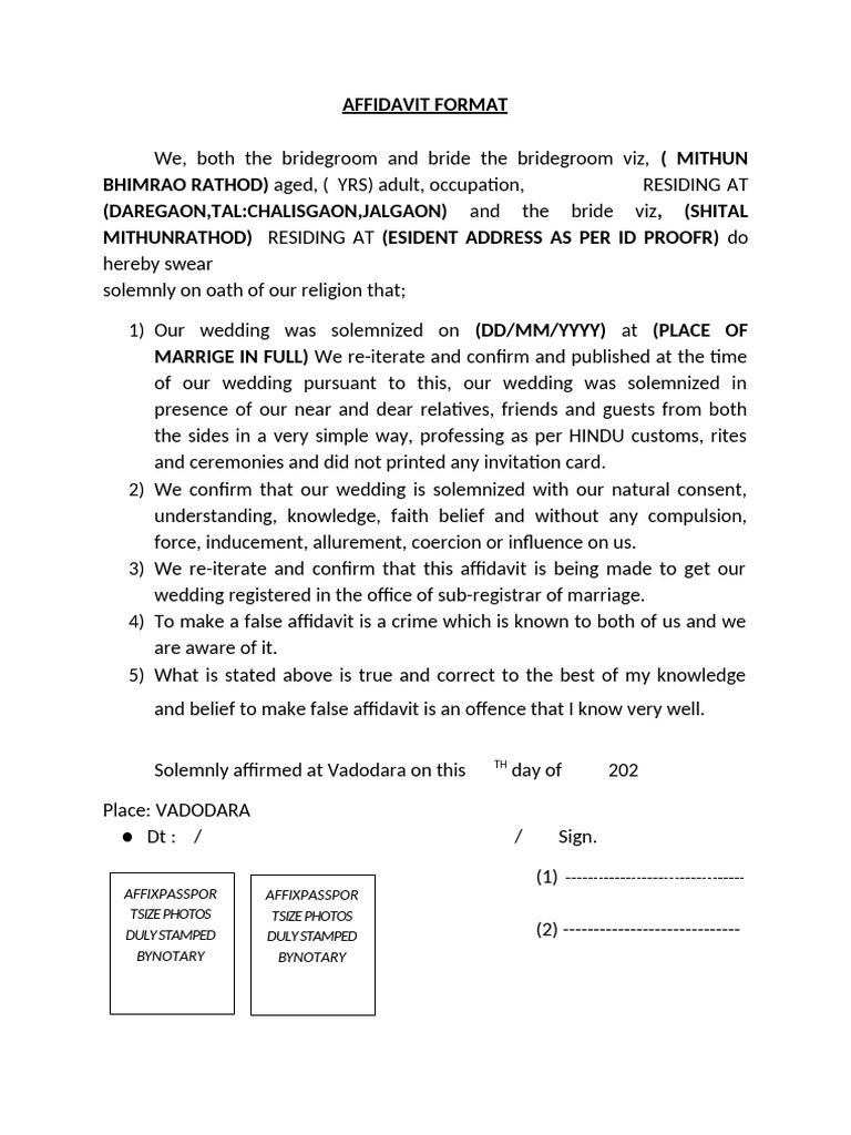 Marriage Affidavit Format Template | PDF