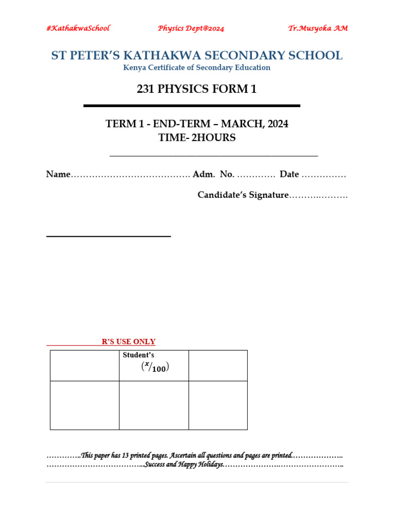 PHYSICS FORM ONE ET1 2024 | PDF | Density | Mechanics