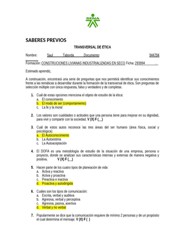 Saberes Previos | PDF | Autoestima | Cognición