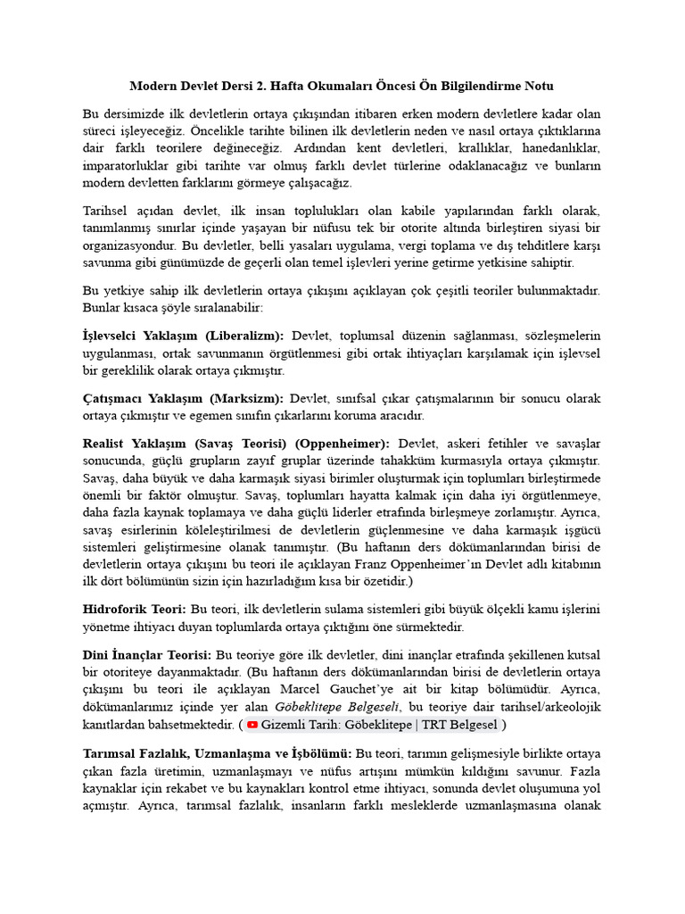 Modern Devlet Dersi 2. Hafta Okumalar O Ncesi O N Bilgilendirme Notu | PDF