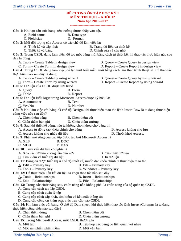Trac Nghiem Tin Hoc 12 HK1 | PDF