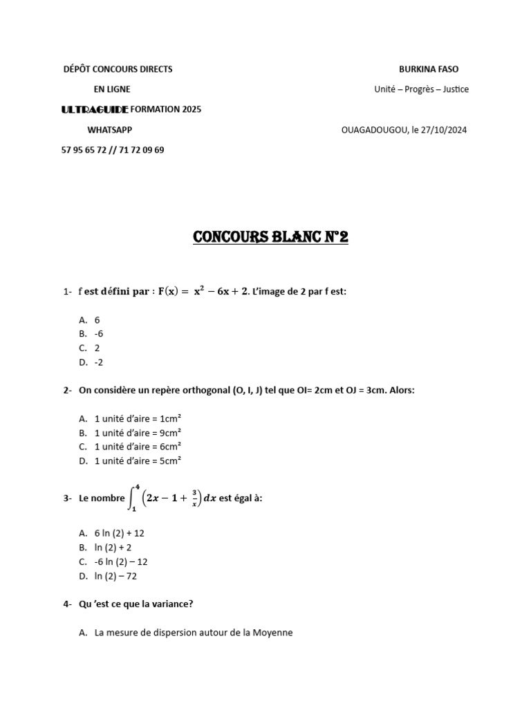 Concours Blanc Mathématiques 2025 | PDF | Asymptote | Limite ...