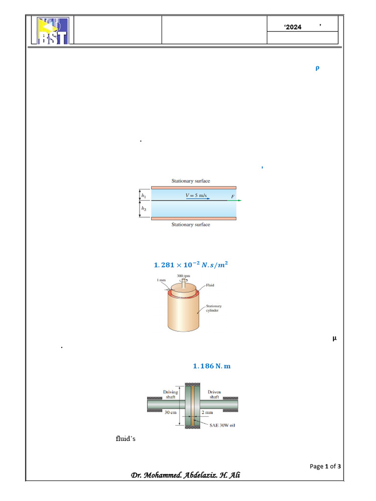 Fluid Mechanics Sheet One - Modified | PDF | Pressure | Viscosity