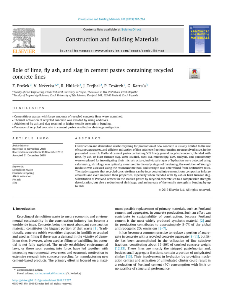 Role of Lime, Fly Ash, and Slag in Cement Pastes Containing Recycled ...