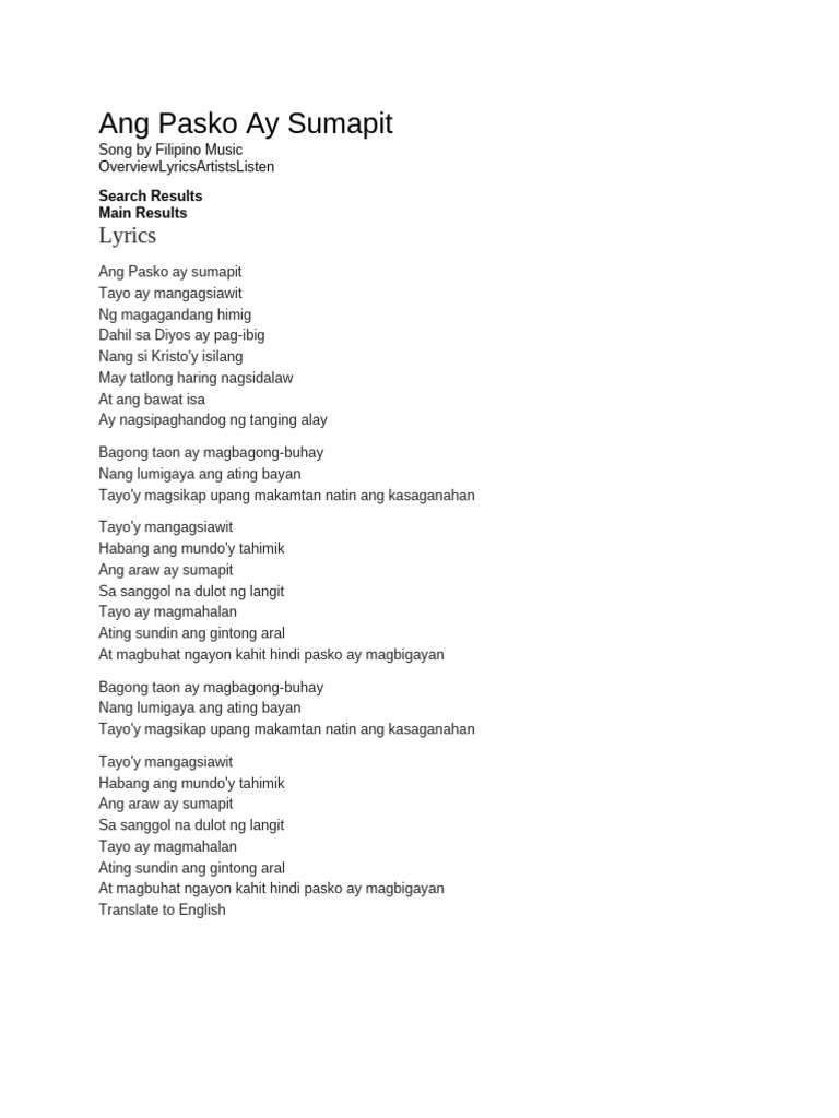 Ang Pasko Ay Sumapit: Lyrics | PDF