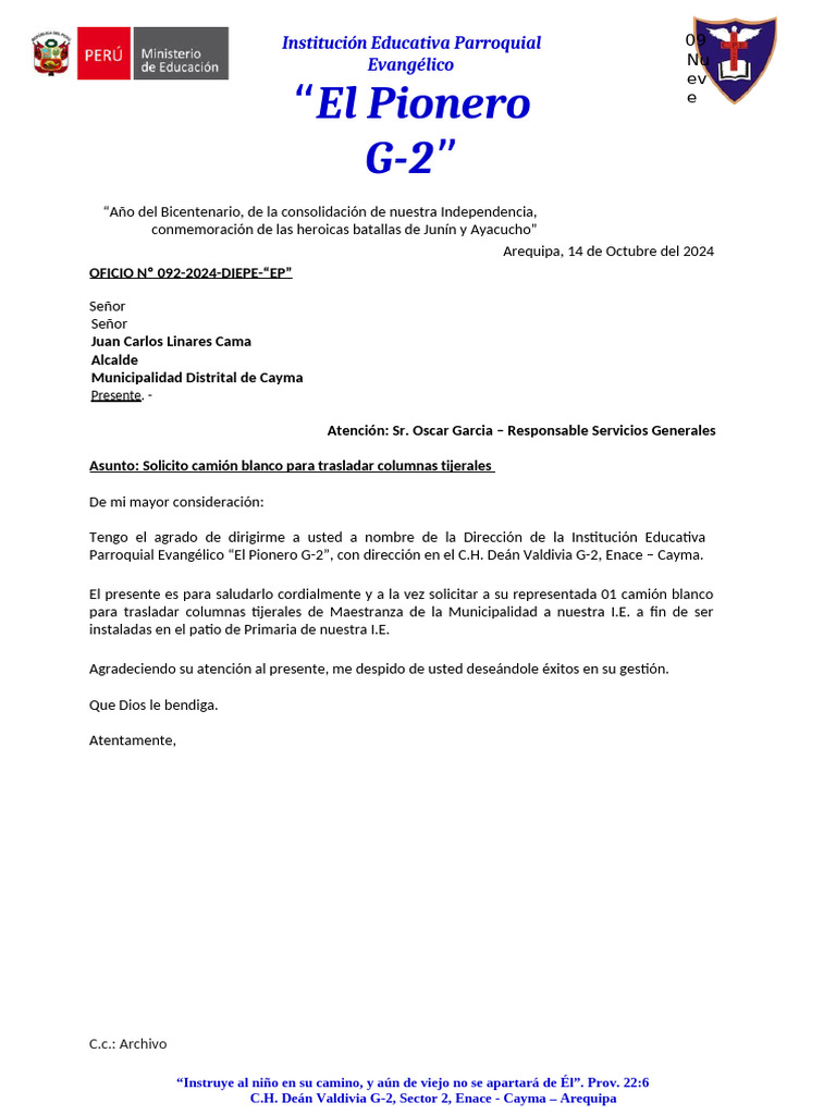 Oficio 092-2024 MUNI DE CAYMA Solicito Camión Blanco | PDF