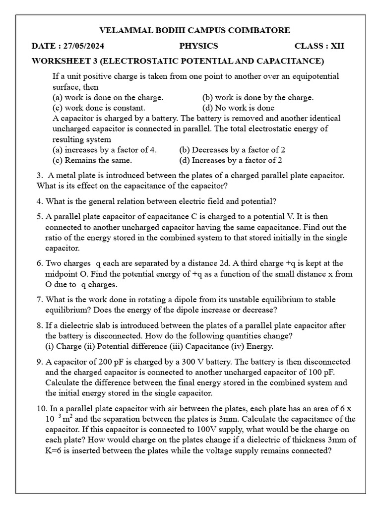 WORKSHEET 3 | PDF | Capacitor | Capacitance