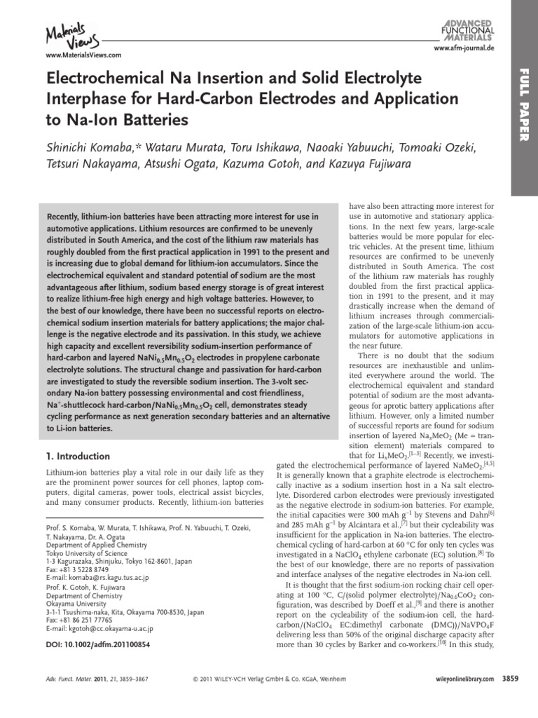 Electrochemical Na Insertion and Solid Electrolyte Interphase For Hard-Carbon Electrodes | PDF ...
