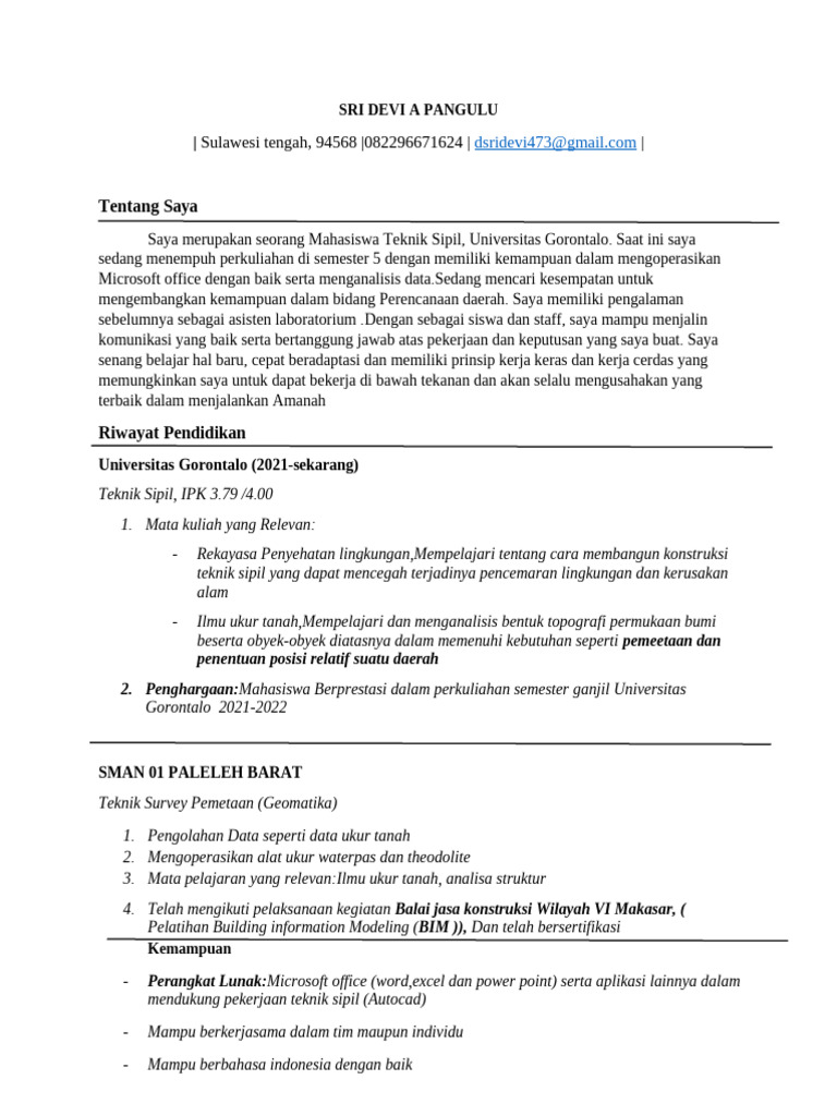 CV Sri Devi A Pangulu | PDF | Karier & Perkembangan