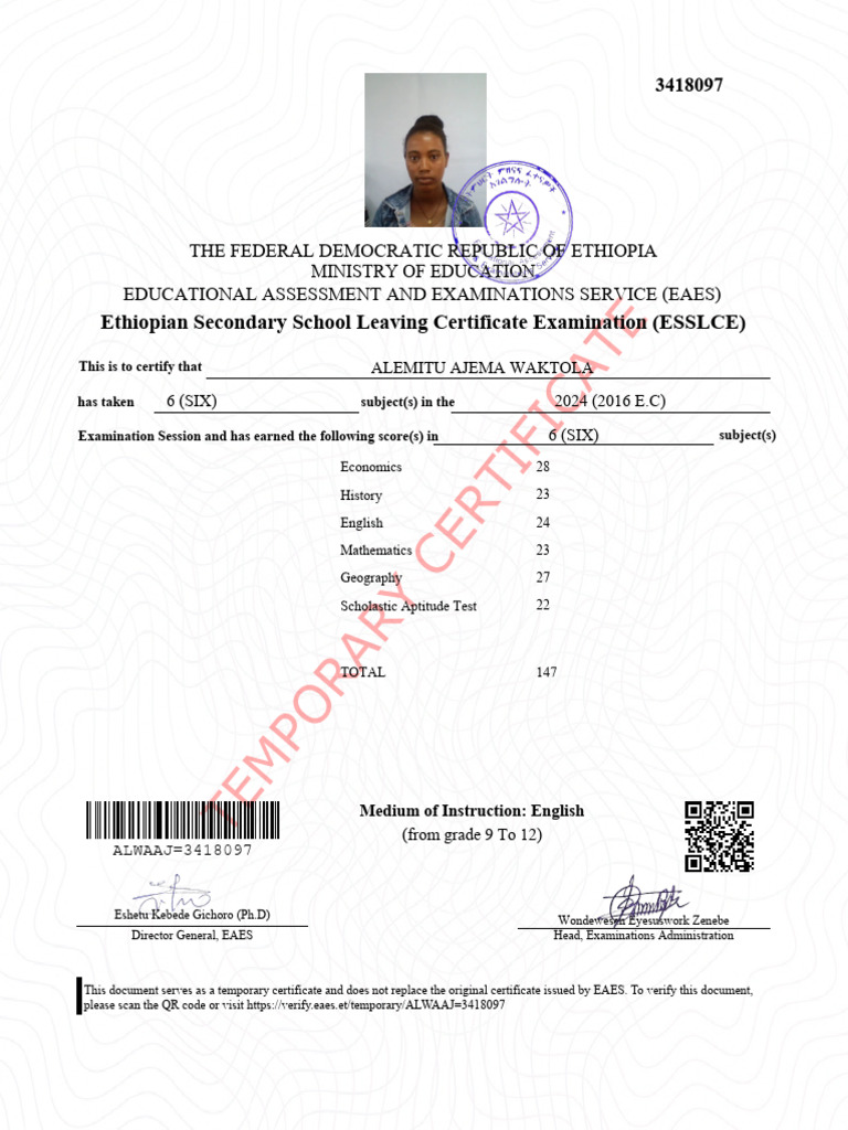 Temporary Certificate: Ethiopian Secondary School Leaving Certificate ...