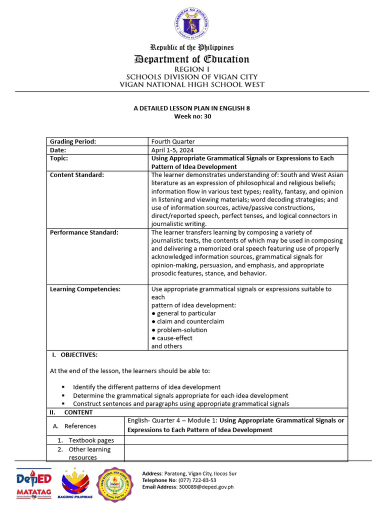 DLP - English 8 - Q4 - Module 1 - Using Appropriate Grammatical | PDF ...