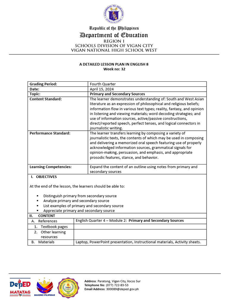 Final Demo DLP - Primary and Secondary Sources | PDF | Learning ...