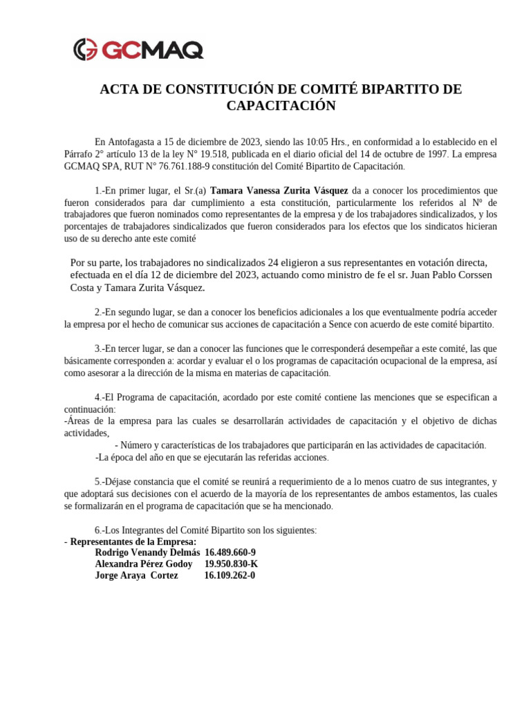 Modelo de Acta de Constitución de Comité Bipartito de Capacitación | PDF | Gobierno