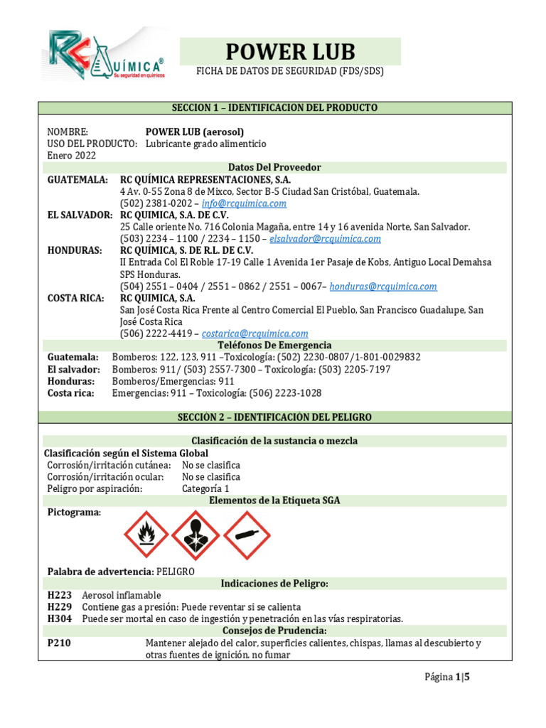 POWER LUB-aerosol-MSDS-SGA act | PDF | Agua | Combustión