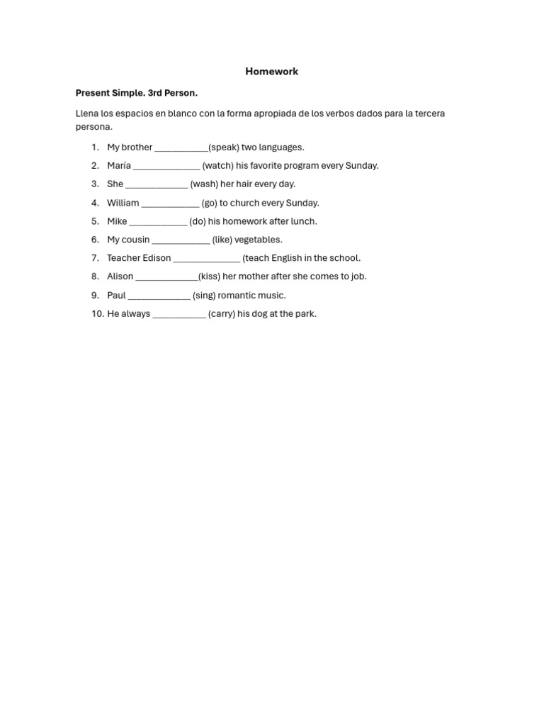 Homework 2 Present Simple 3rd Person | PDF