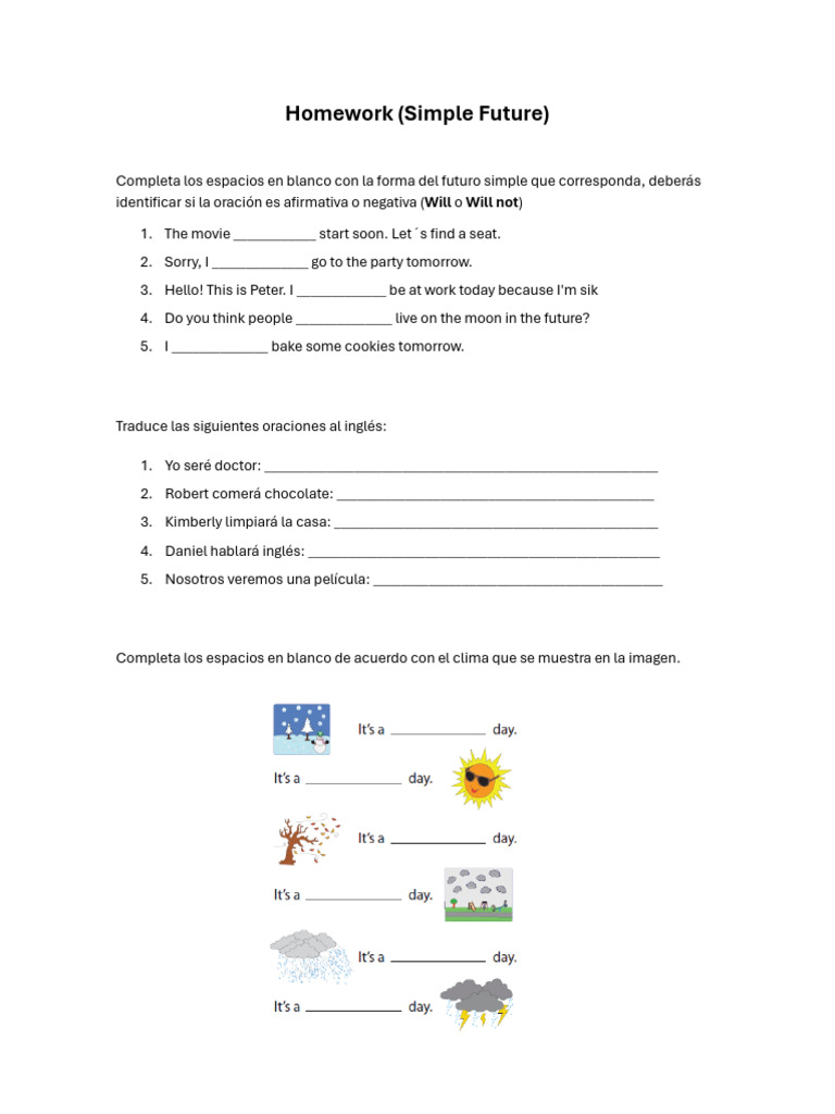 Homework Simple Future (Will) | PDF