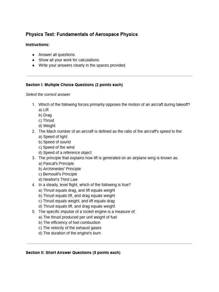 Physics Test - Fundamentals of Aerospace Physics | PDF | Rocket ...