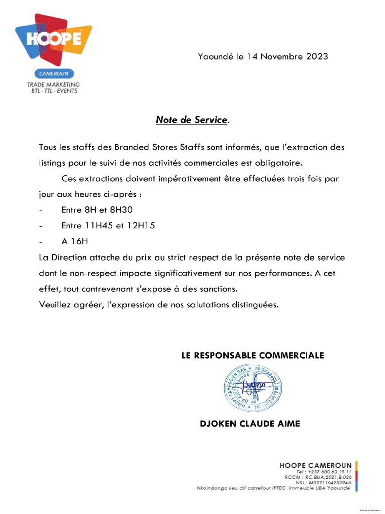 Note de Service - Branded Stores | PDF