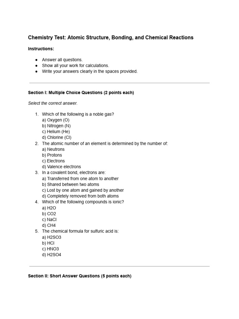 Chemistry Test Atomic Structure Bonding And Chemical Reactions Pdf