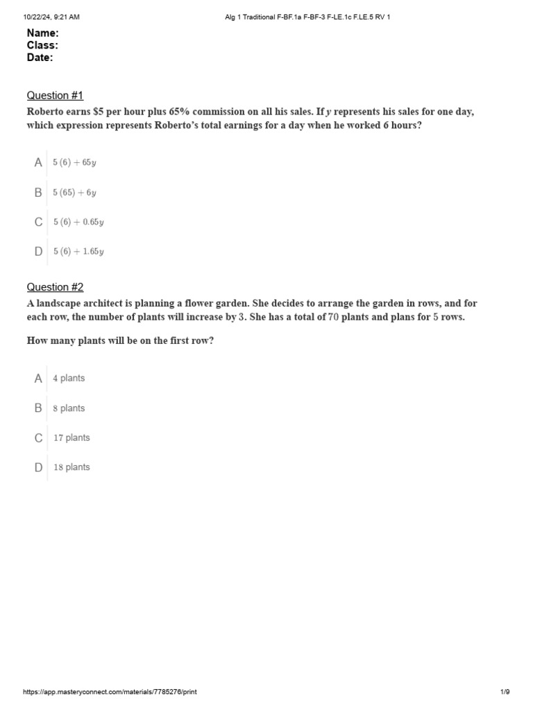 Alg 1 Traditional F-Bf.1a F-bf-3 F-Le.1c F.le.5 RV 1 | PDF