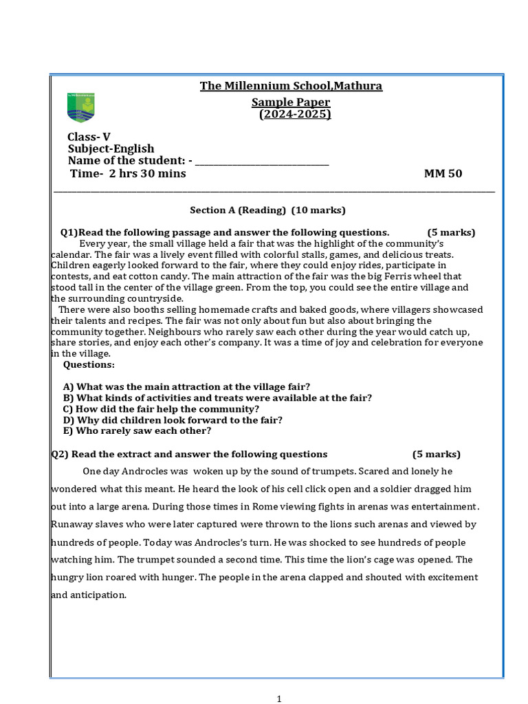 Class 5 HY Sample Ques Paper | PDF | Grammar | Linguistics Class 5 HY Sample Ques Paper | PDF | Grammar | Linguistics