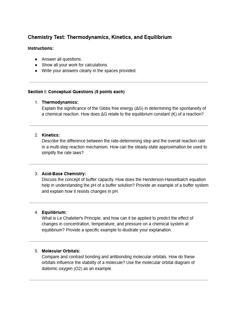 Chemistry Test - Thermodynamics, Kinetics, and Equilibrium | PDF ...