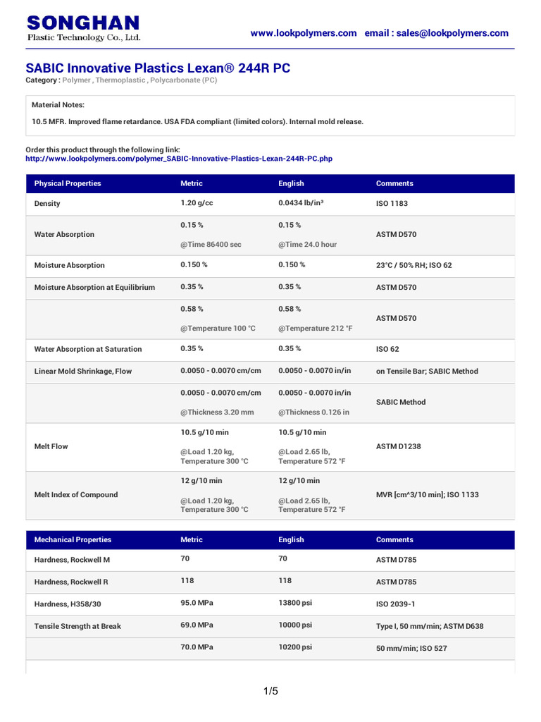 SABIC Innovative Plastics Lexan 244R PC | PDF | Materials | Materials ...