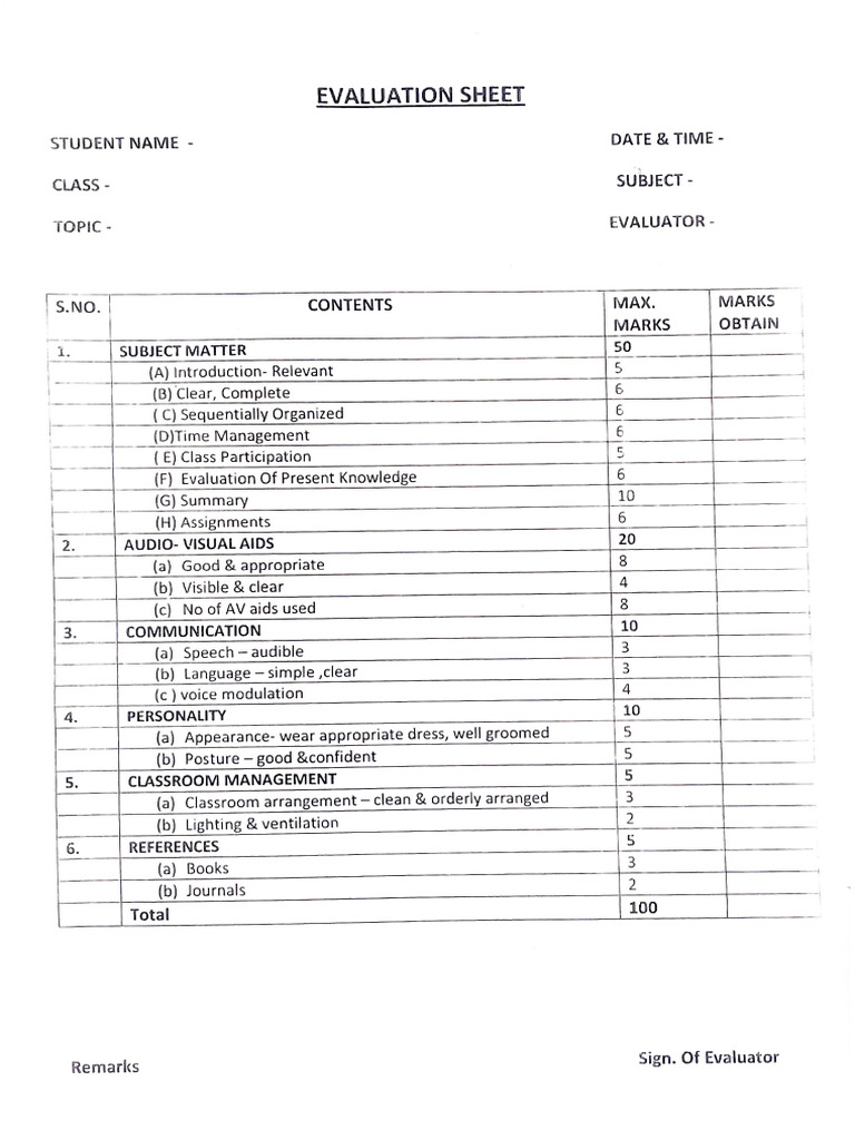 Evaluation Sheet For Classroom Presentation | PDF