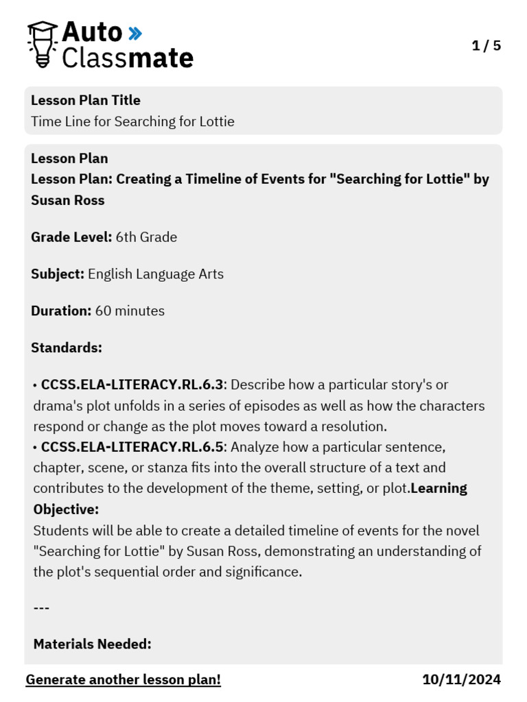 Time Line For Searching For Lottie | PDF | Lesson Plan | Rubric (Academic)
