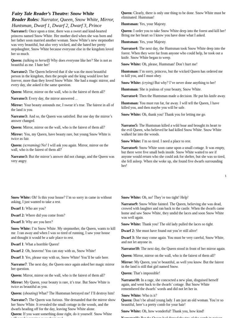 Snow White and The Seven Dwarfs Readers Theatre | PDF | Snow White ...