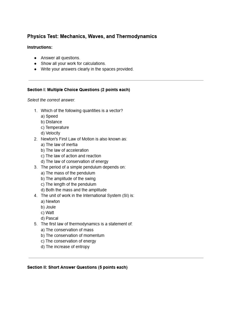 Physics Test - Mechanics, Waves, and Thermodynamics | PDF | Waves ...