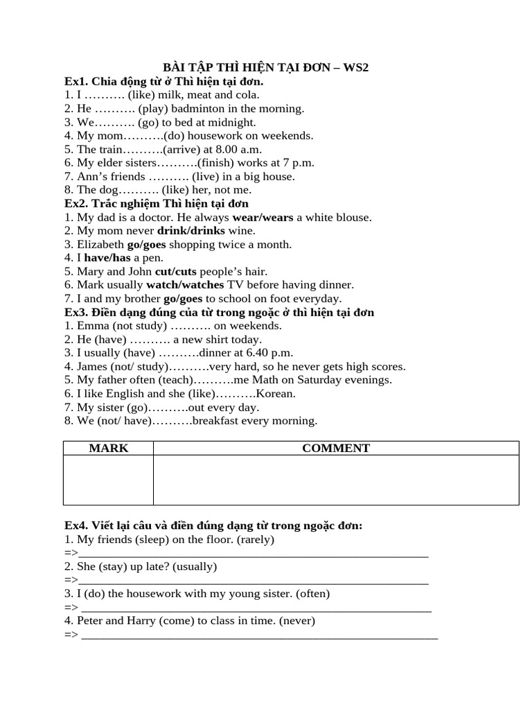 Review thì Hiện tại đơn - WS2 | PDF | Foreign Language Studies | Home & Garden