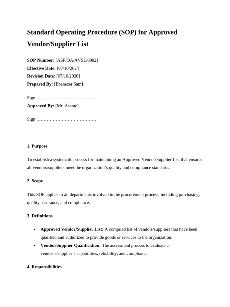 Approved Vendor List SOP Guide | PDF | Regulatory Compliance | Quality ...