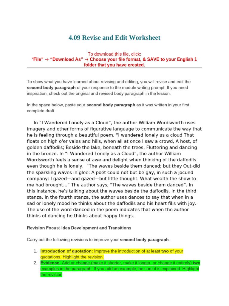 4.09 Revise and Edit Worksheet | PDF | Poetry