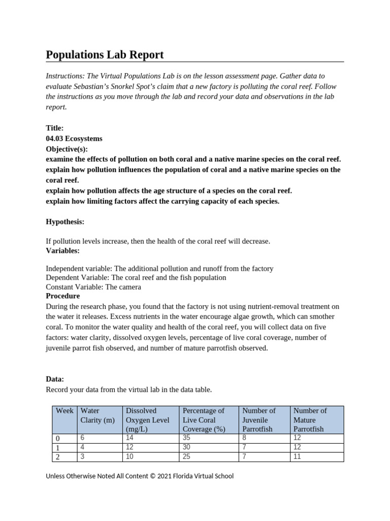 Population Lab Report | PDF | Coral Reef | Coral