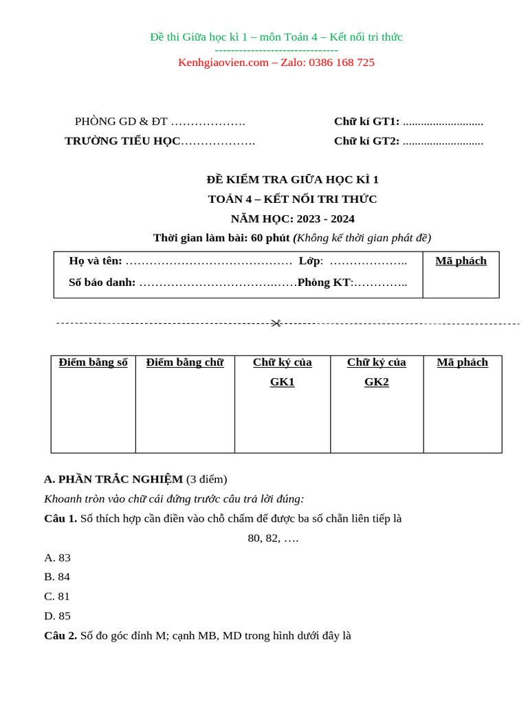 Demo de Thi ghk1 Toan 4 KNTT | PDF