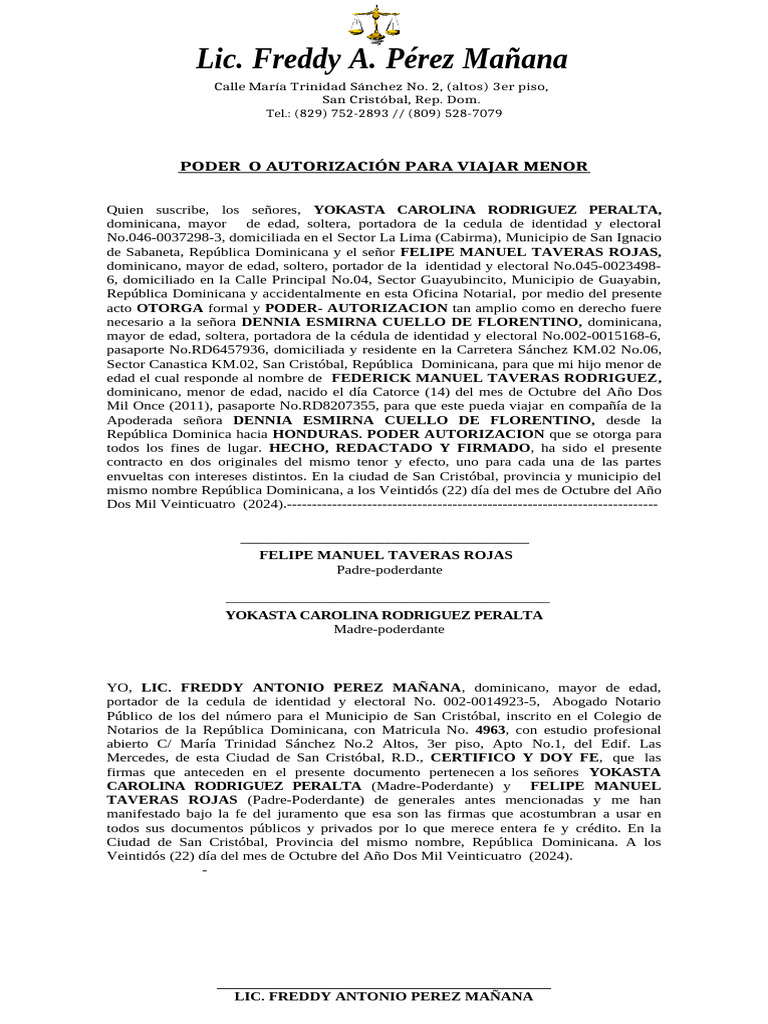 poder autorizacion menor | PDF | República Dominicana | Gobierno