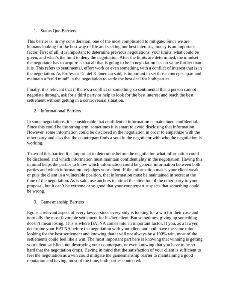Negotiation Barriers | PDF | Negotiation | Social Psychology