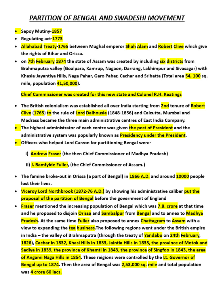 PARTITION OF BENGAL AND SWADESHI MOVEMENT | PDF | Bengal | British Raj