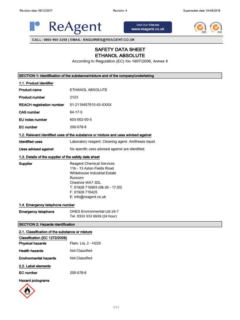 Absolute Ethanol Safety Data Sheet | PDF | Dangerous Goods | Toxicity