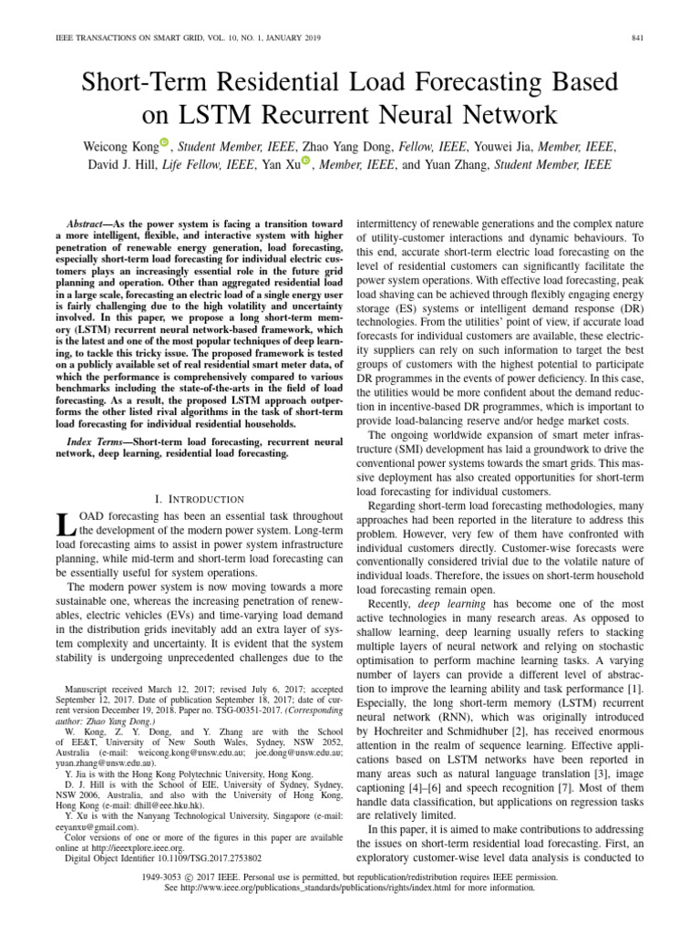 Short-Term Residential Load Forecasting Based On LSTM Recurrent Neural Network | PDF ...