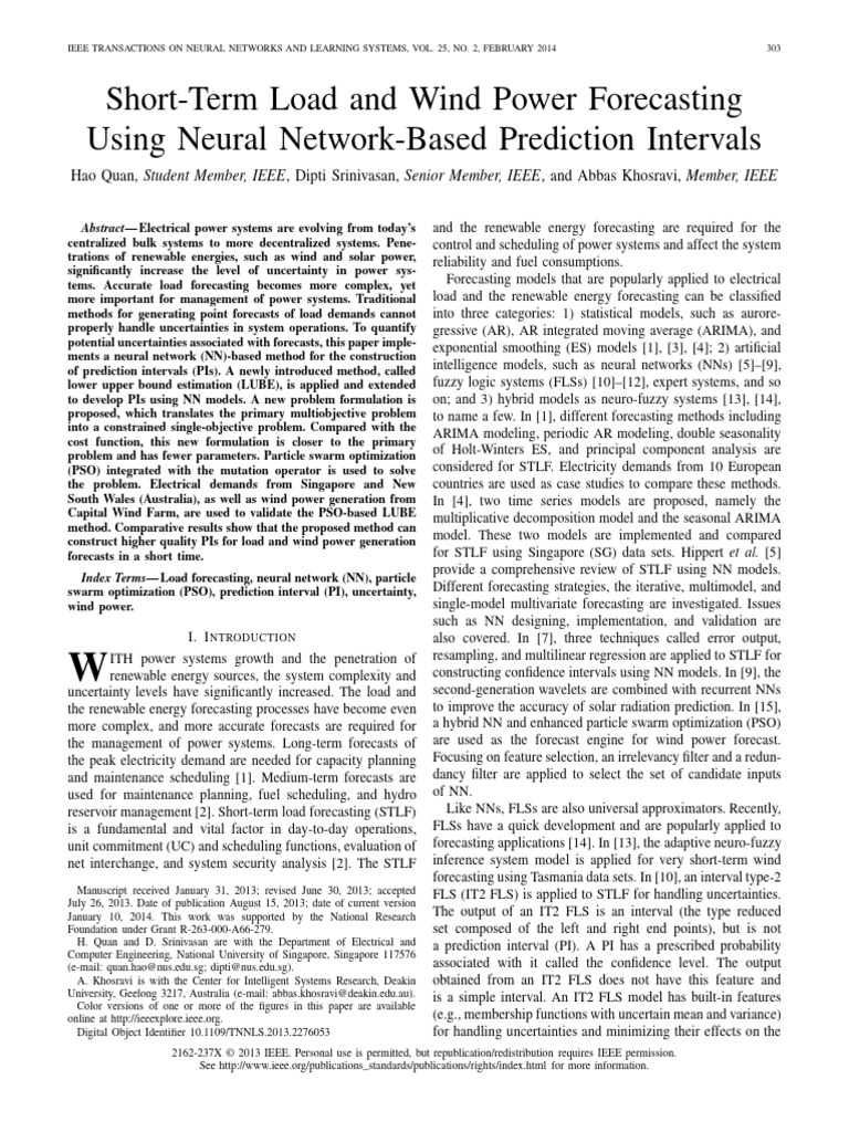 Short-Term Load and Wind Power Forecasting Using Neural Network-Based Prediction Intervals | PDF ...