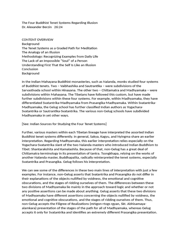 The Four Buddhist Tenet Systems Regarding Illusion | PDF | Mahayana | Four Noble Truths