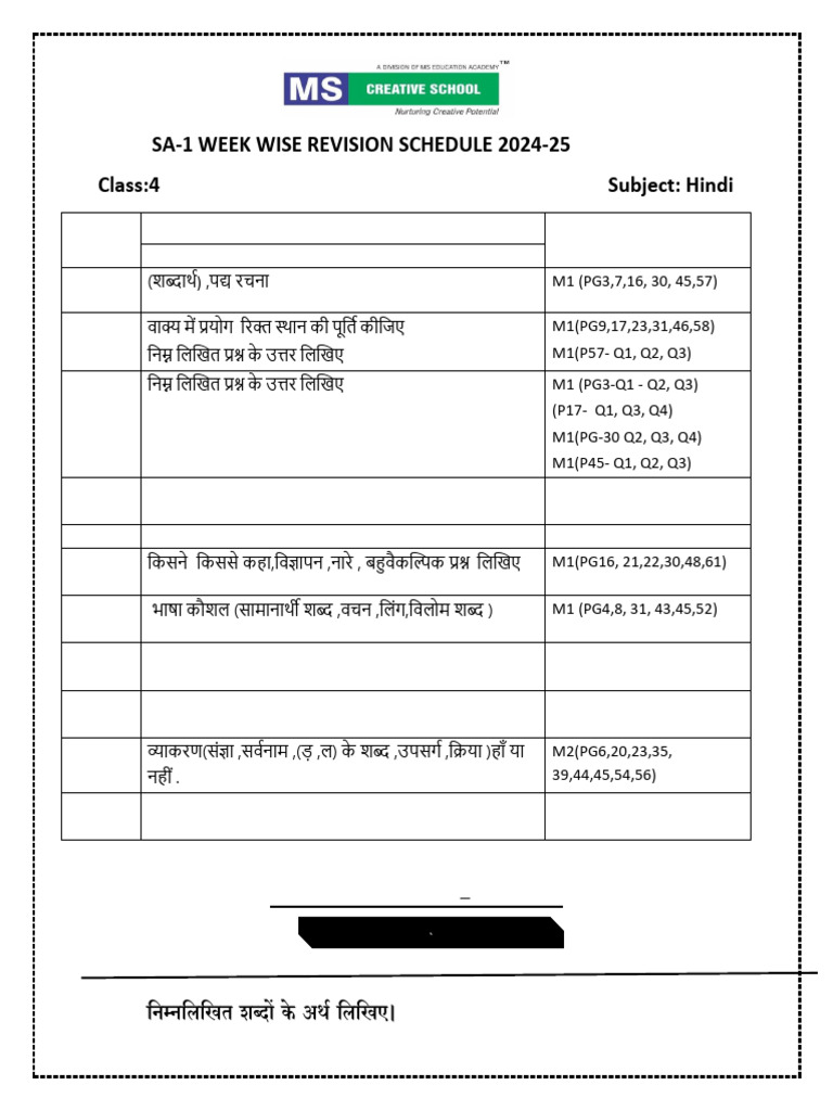 Class 4 Hindi SA 1 Revision & WS 2024-25 | PDF | Language Arts & Discipline