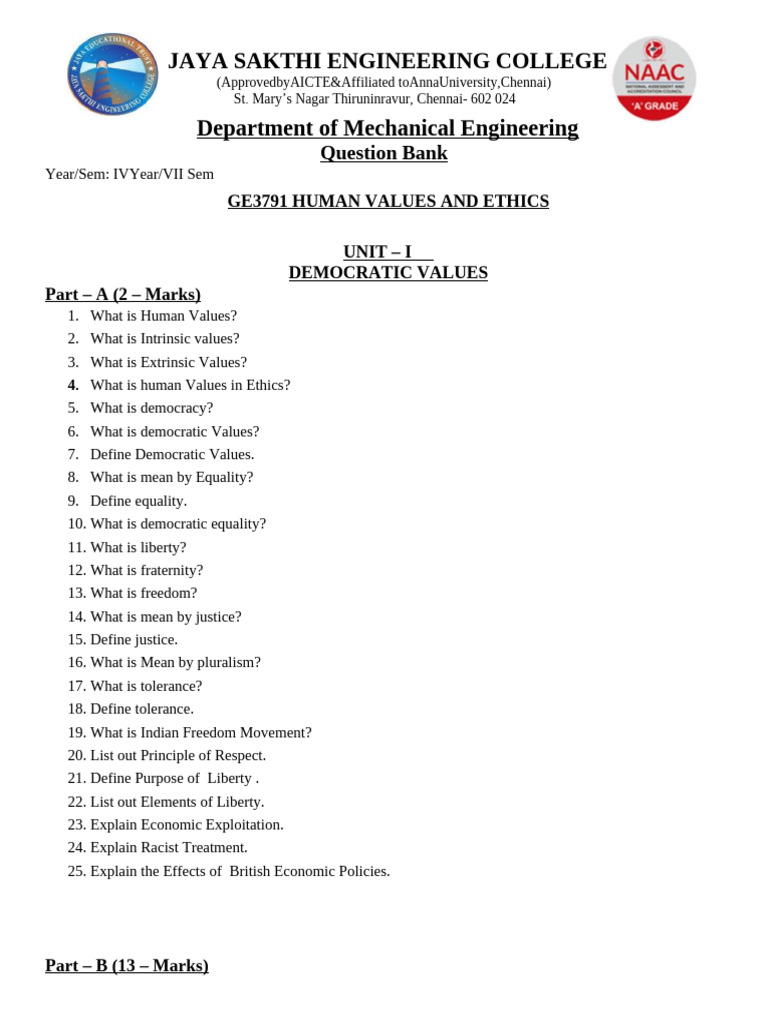 Ge3791 Human Values and Ethics (Mech) | PDF | Secularism | Inductive ...